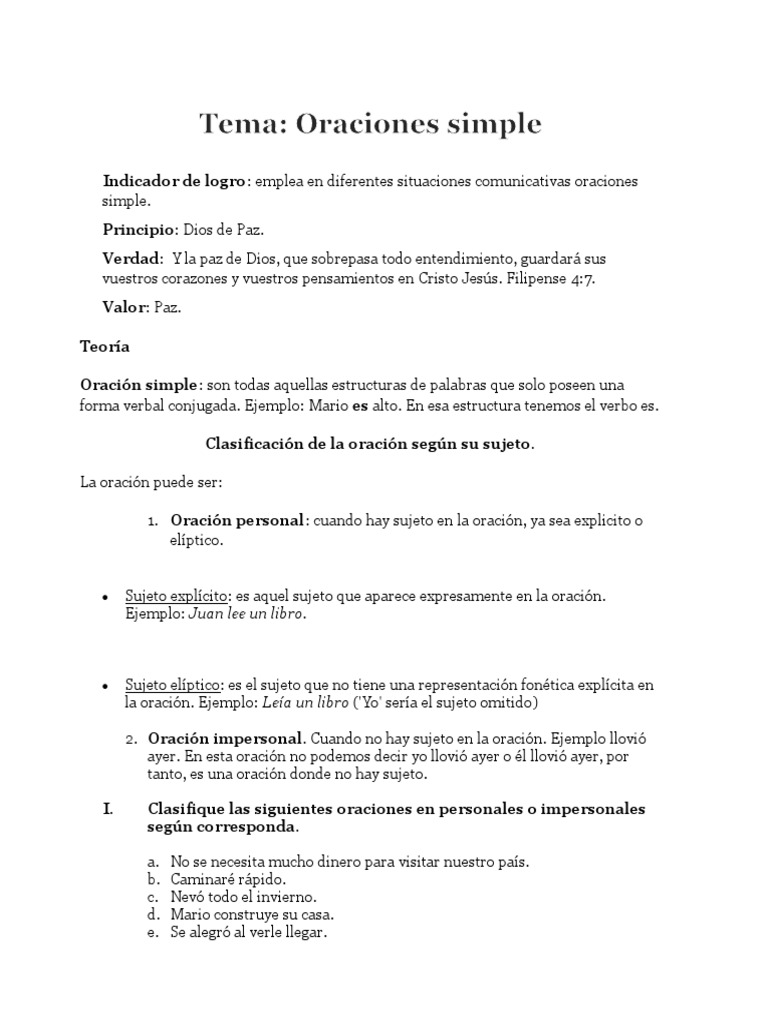 Oraciones Simple | PDF | Verbo | Asunto (gramática)