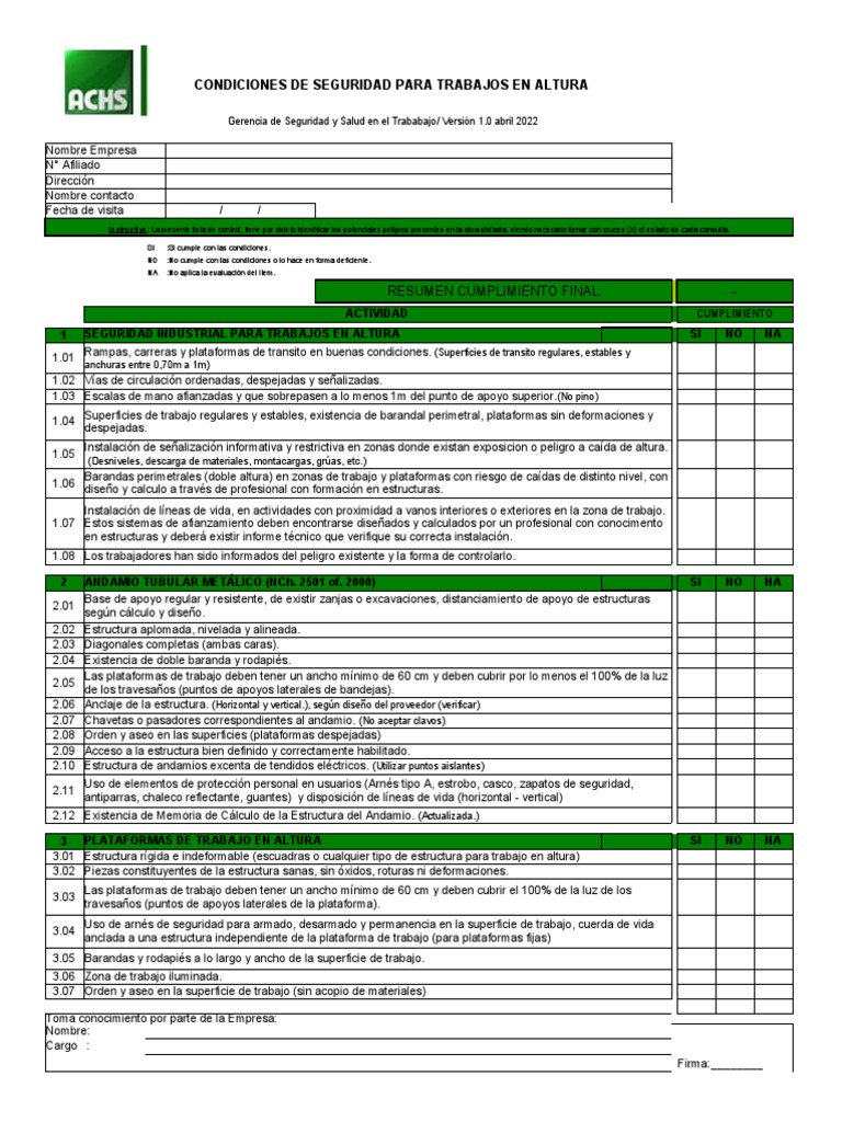 Seguridad en Trabajos en Altura: Checklist | PDF