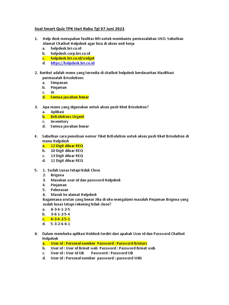 Soal Smart Quiz TPK Hari Rabu TGL 07 Juni 2023 | PDF