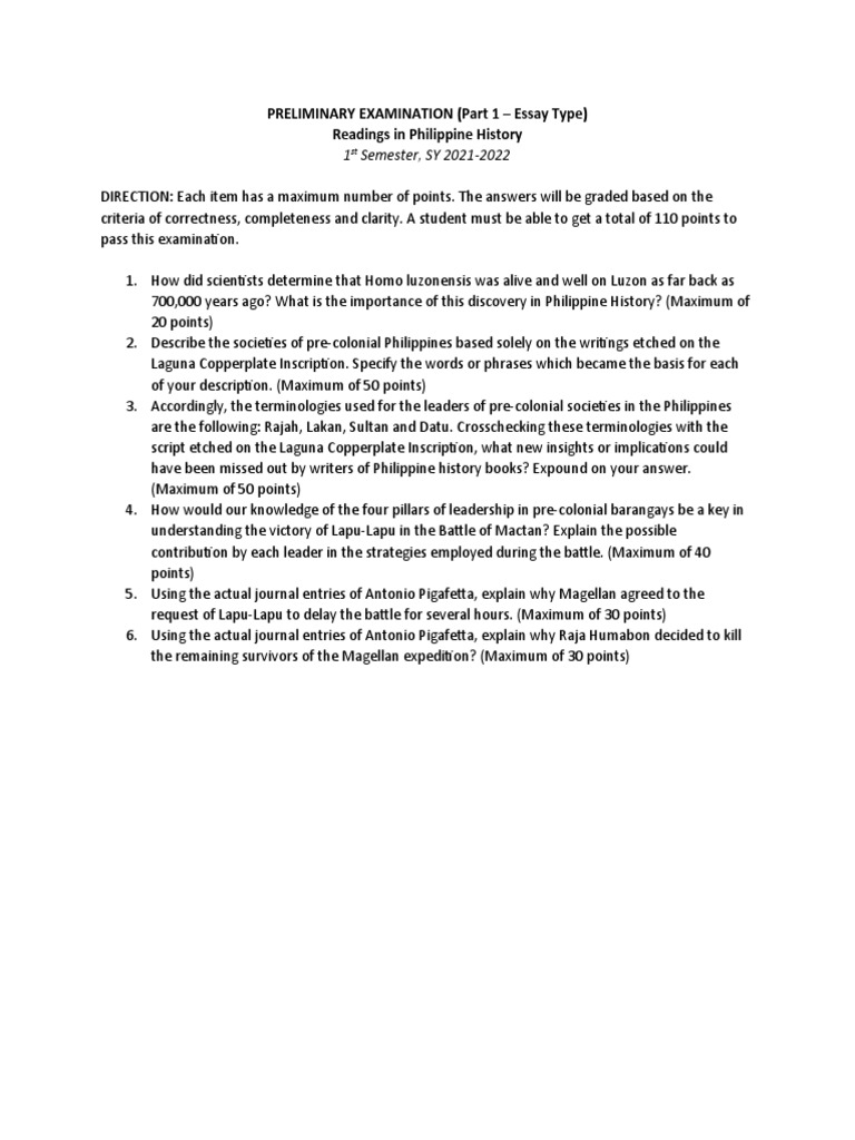 Philippine History Preliminary Exam Essay | PDF | Philippines