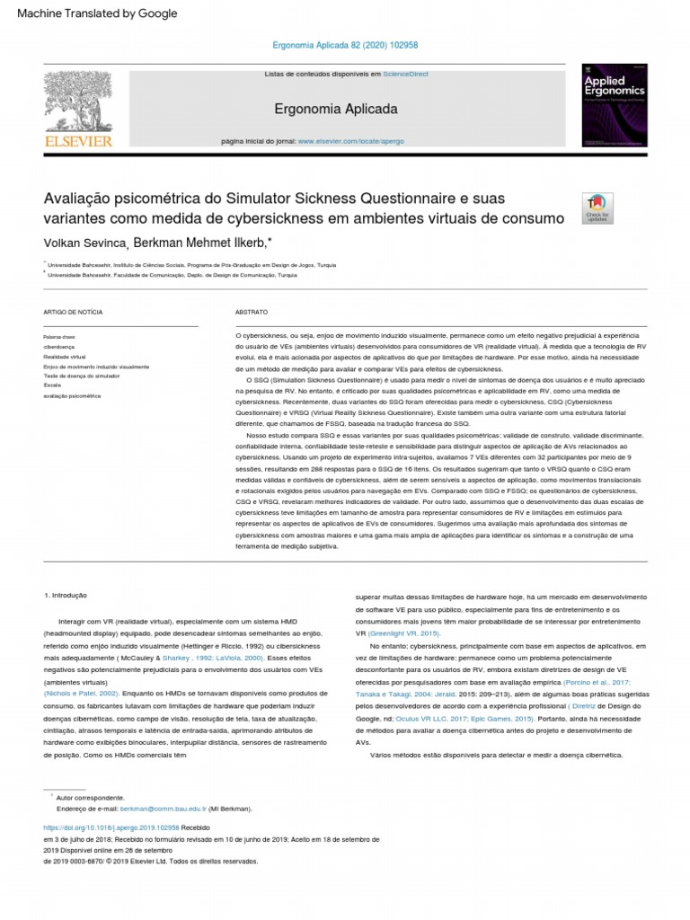 Psychometric Evaluation of Simulator Sickness Questionnaire and Its ...