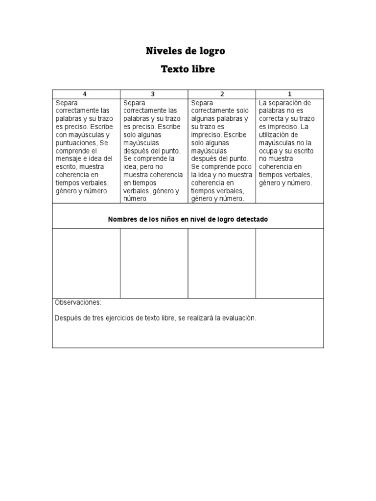 Niveles de Logro Texto Libre y Rubrica de Juegos Tradicionales | PDF