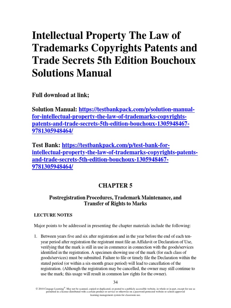 Intellectual Property The Law of Trademarks Copyrights Patents and Trade Secrets 5th Edition ...