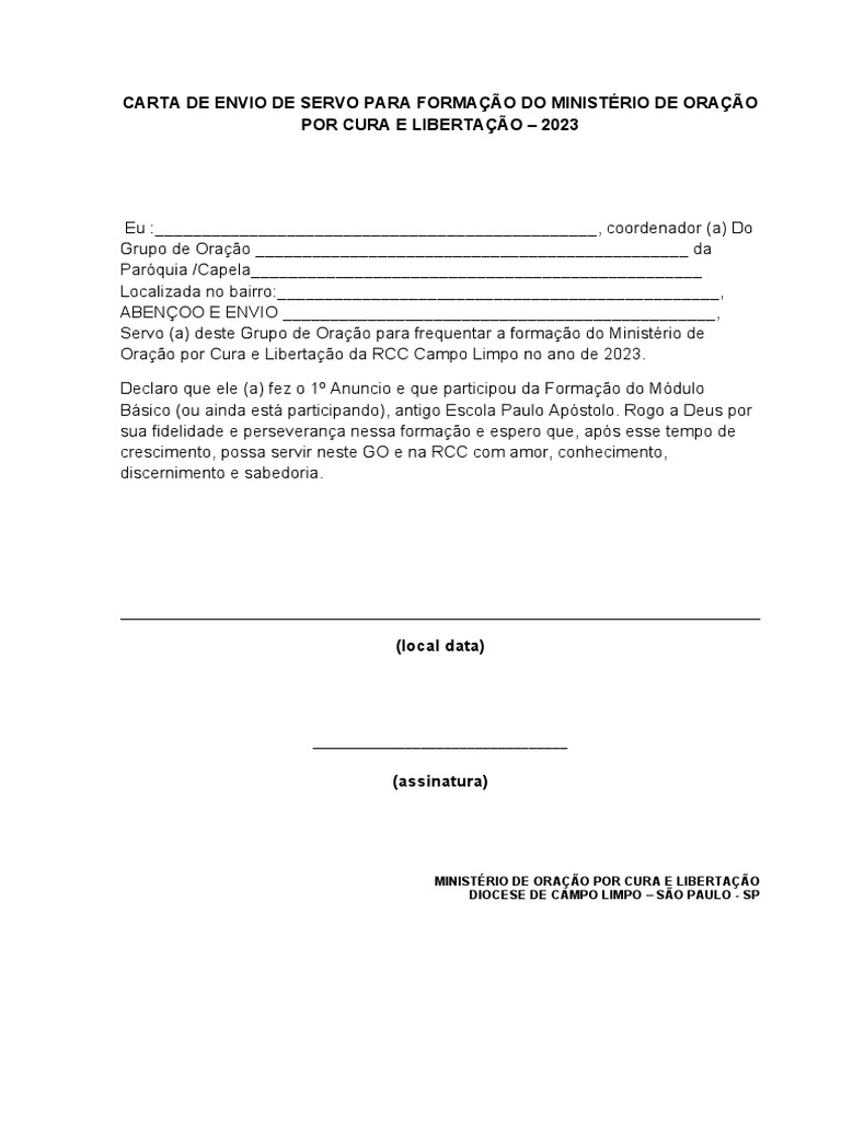 Carta de Envio de Servo para Formação Do Ministério de Oração Por Cura ...