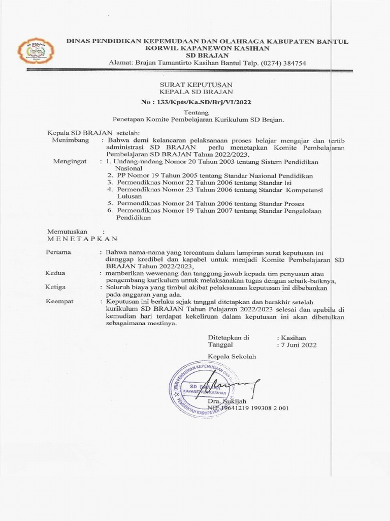 SK Tim Komite Pembelajaran Kurikulum 2022 | PDF