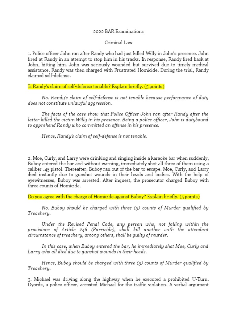 Bar 2022 Criminal LAw Suggested Answers | PDF | Police | Criminal Law