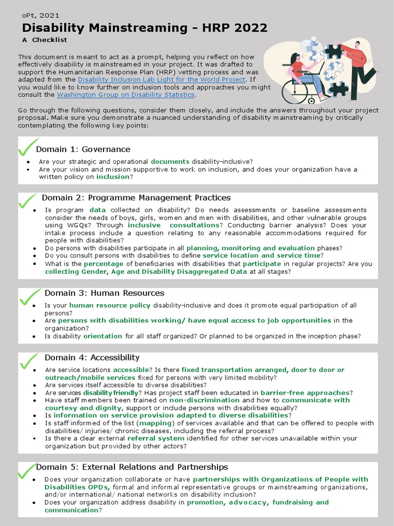Disability Mainstreaming Checklist-shelter-HRP2022 | PDF