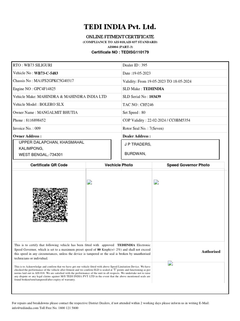 Tedi India Pvt. LTD.: Online Fitment Certificate | PDF