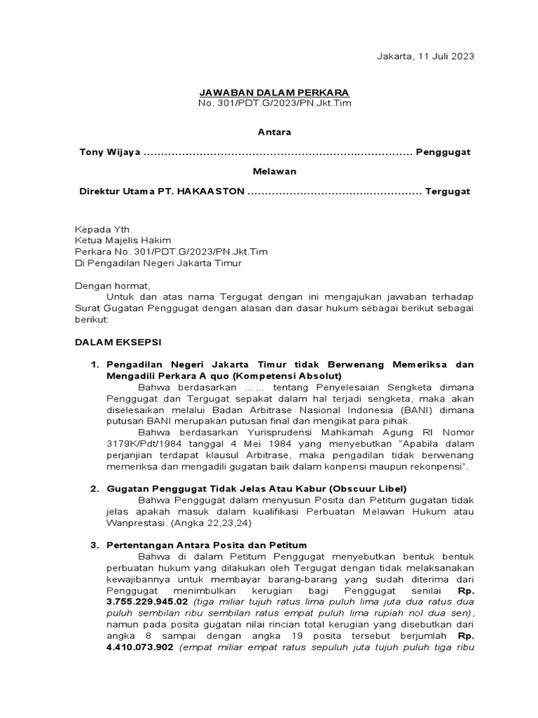 Contoh Surat Jawaban Tergugat | PDF