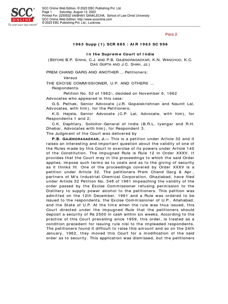 Prem Chand Garg v. Excise Commissioner | PDF