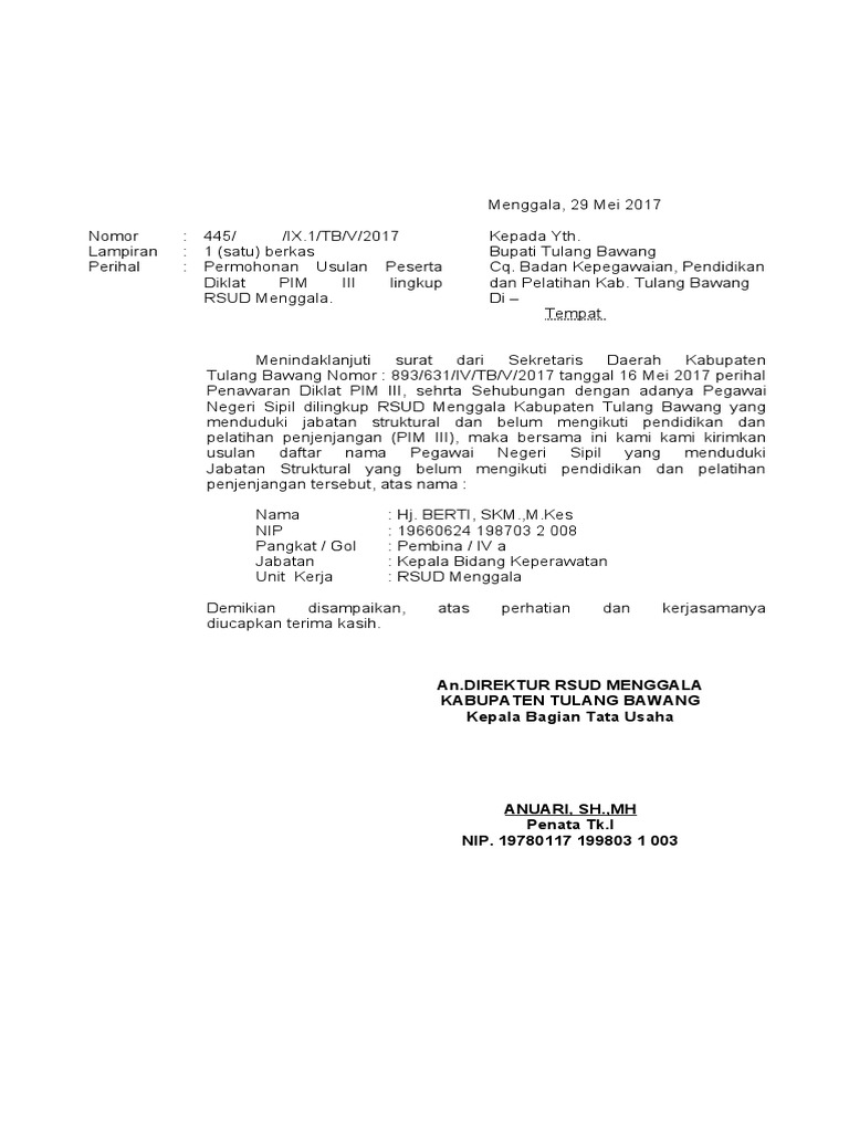 Surat Permohonan Usulan Peserta Diklat PIM | PDF