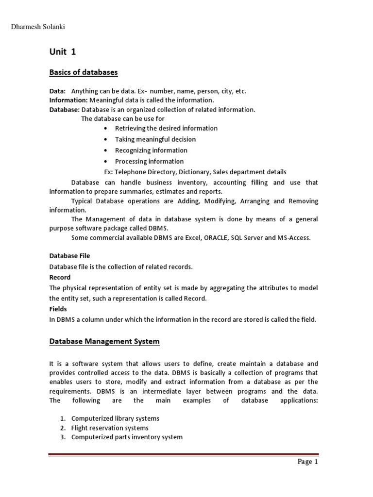 Unit 1: Basics of Databases | PDF | Relational Database | Databases