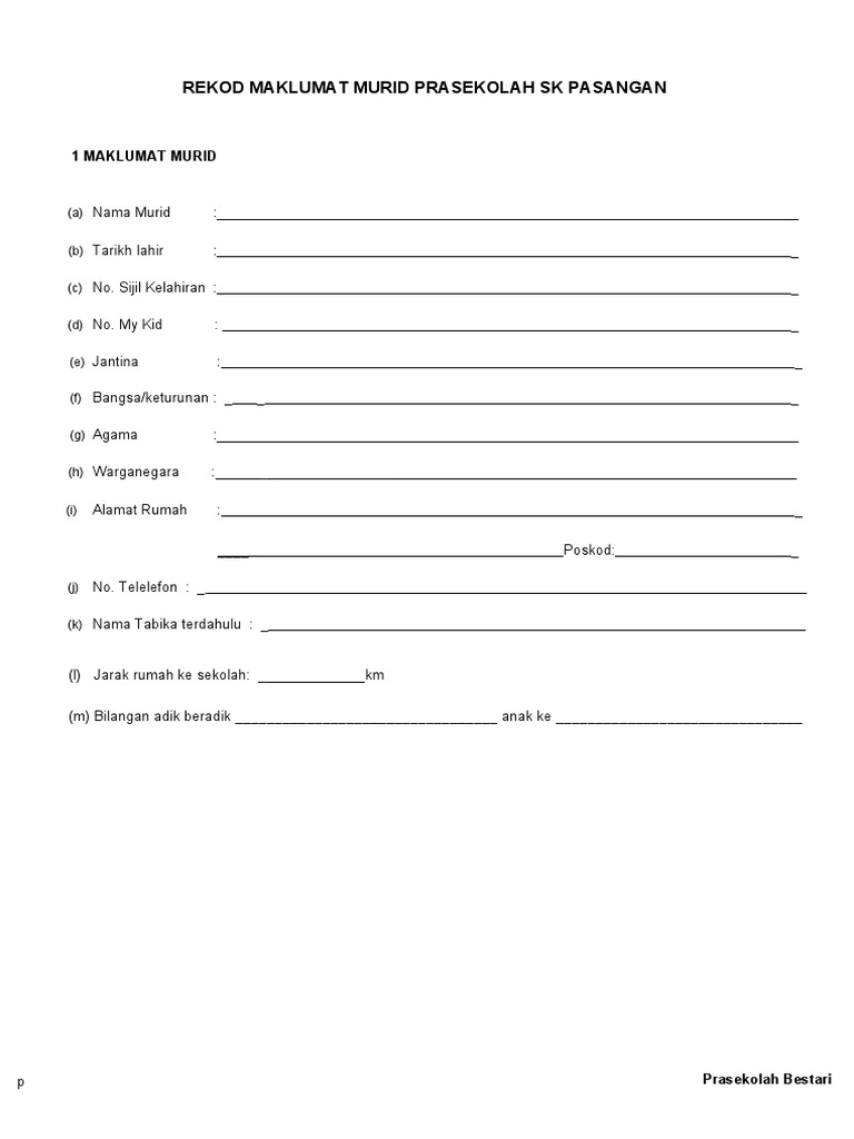 Borang Maklumat Murid Prasekolah | PDF