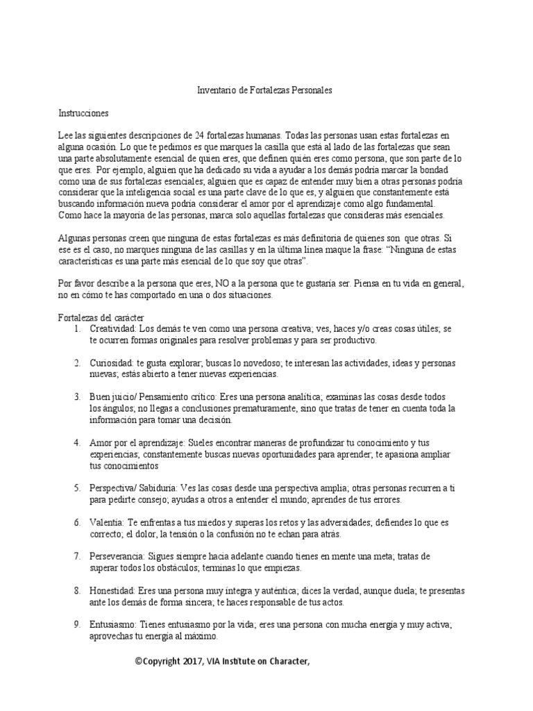 Cuestionario via-Fortalezas Personales | PDF
