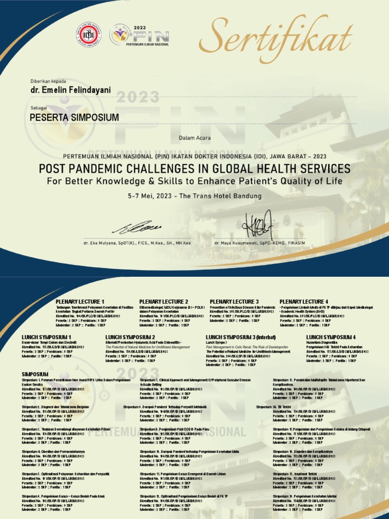 Sertifikat Simposium PIN IDI Jabar 2023 Dr. Emelin Felindayani | PDF