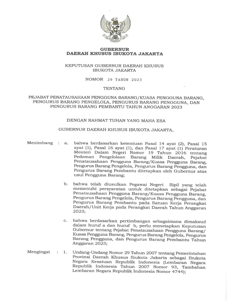 Kepgub Nomor 29 Tahun 2023 Tentang Pejabat Penatausahaan Pengguna