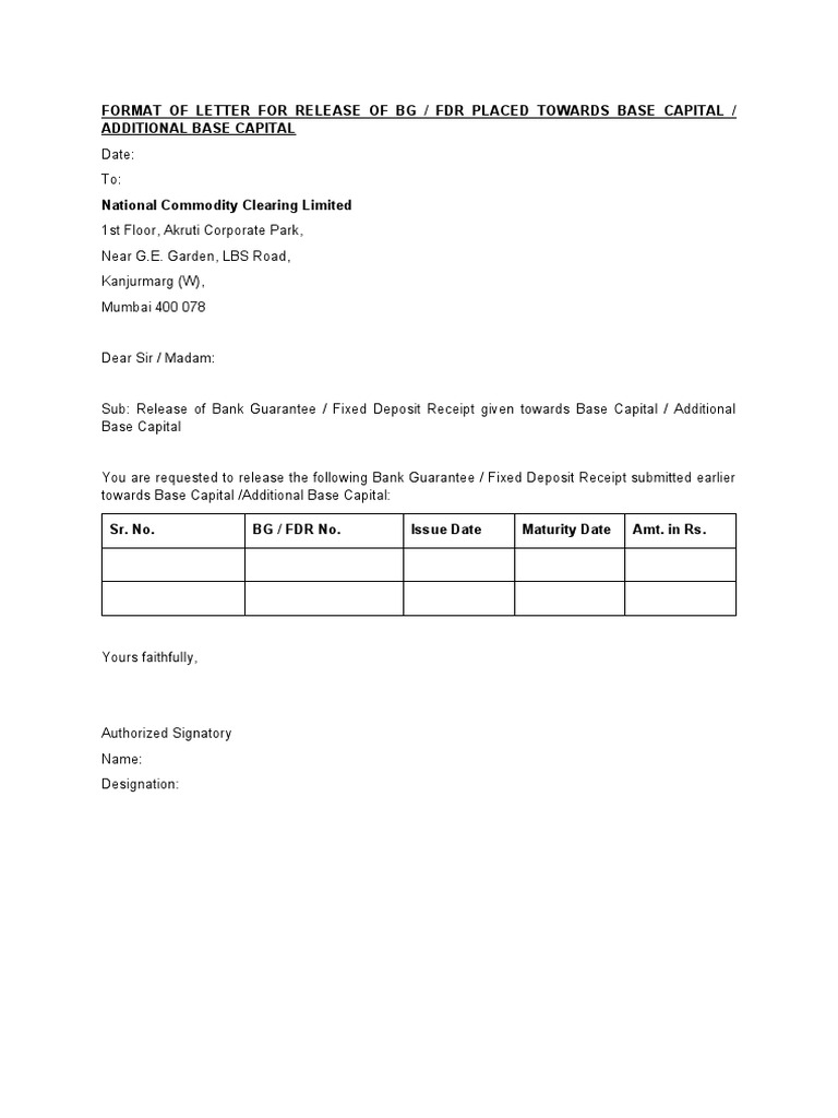 Format of Letter For Release of BG and FDR Placed Towards Base Capital ...