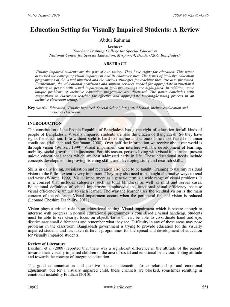 Education Setting For Visually Impaired Students A Review Ijariie10902 ...