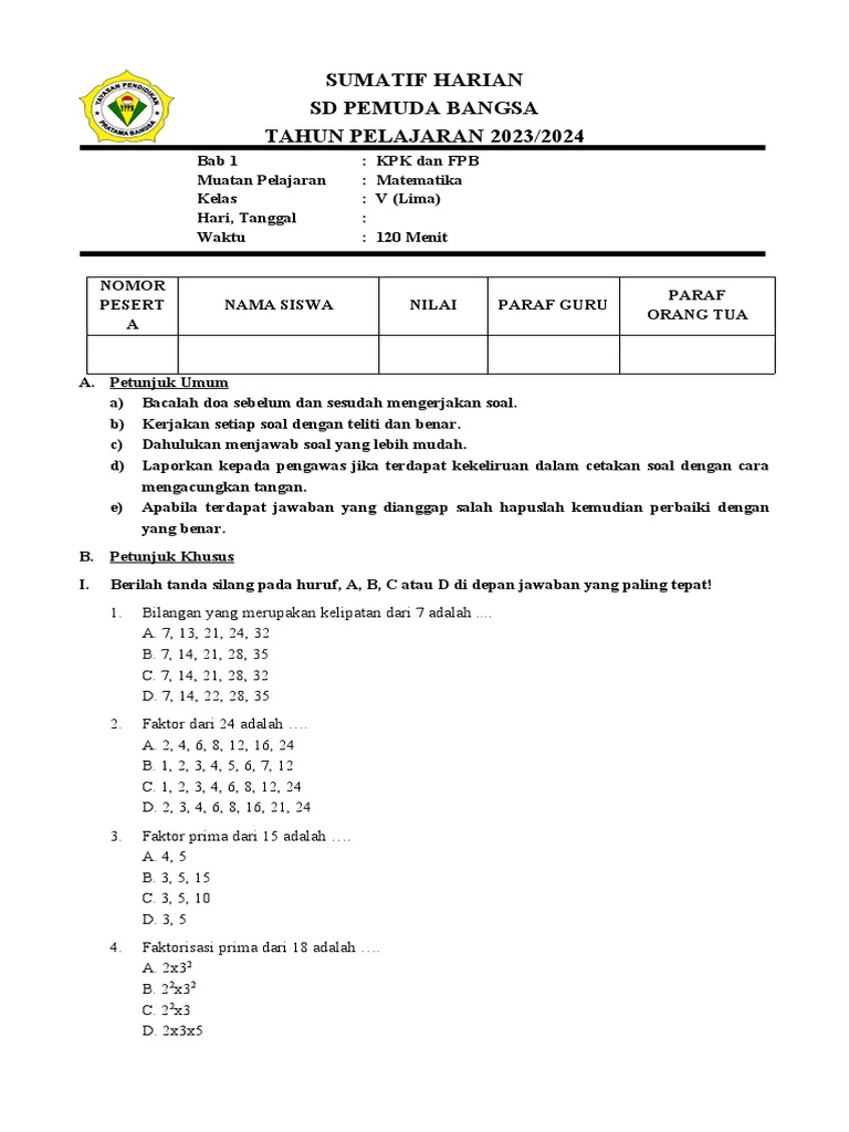 Soal Sumatif Matematika Bab 1 | PDF