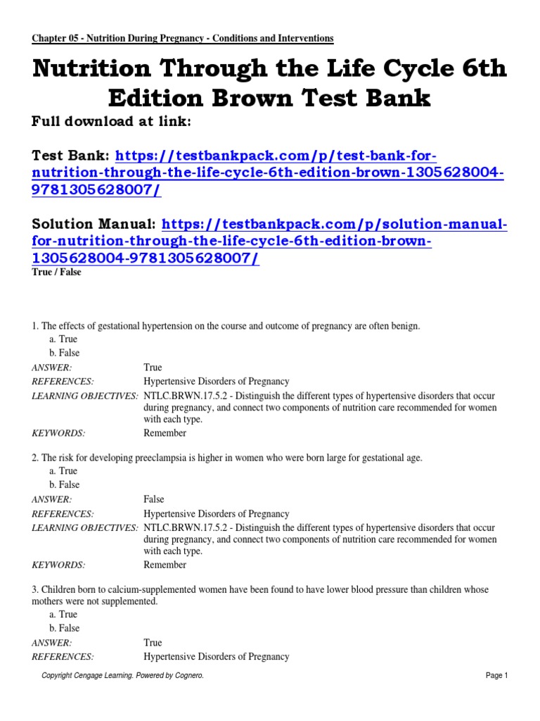 Nutrition Through The Life Cycle 6th Edition Brown Test Bank 1 | PDF ...