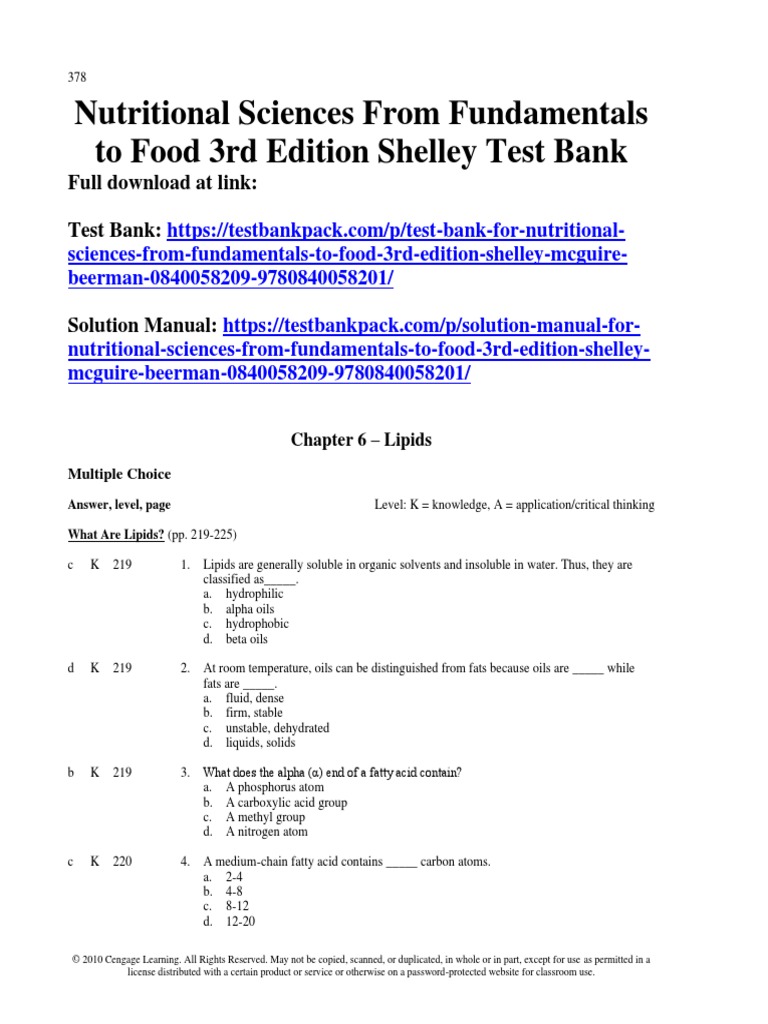 Nutritional Sciences Test Bank Overview | PDF | Lipoprotein | Fatty Acid