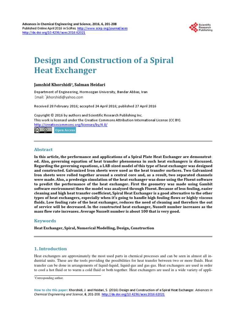 Design and Construction of A Spiral Heat Exchanger | PDF