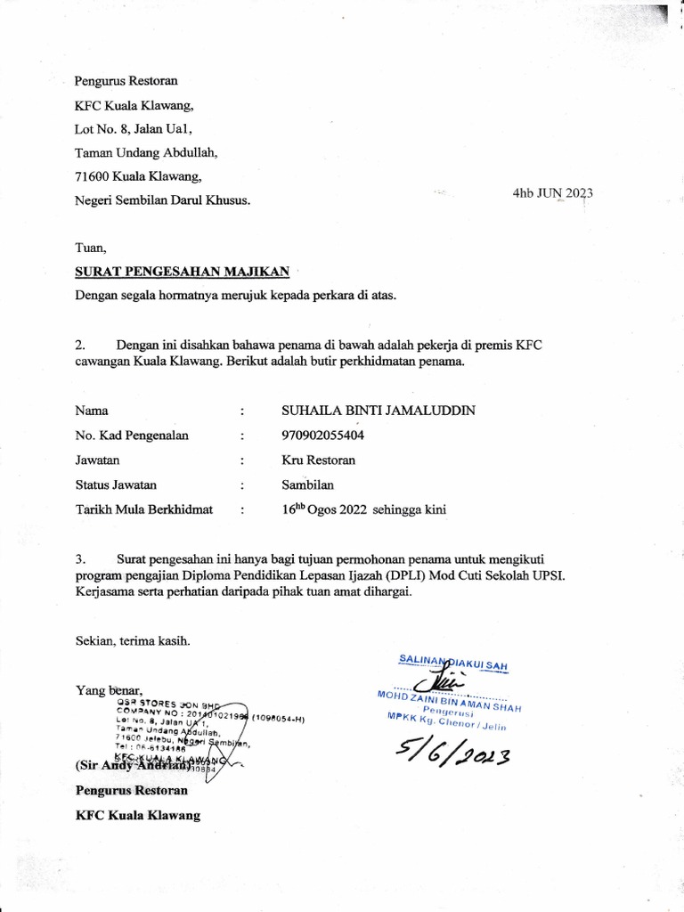 Surat Pengesahan Majikan Terkini Jun | PDF