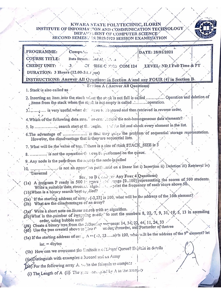 Second Semester Past Questions | PDF