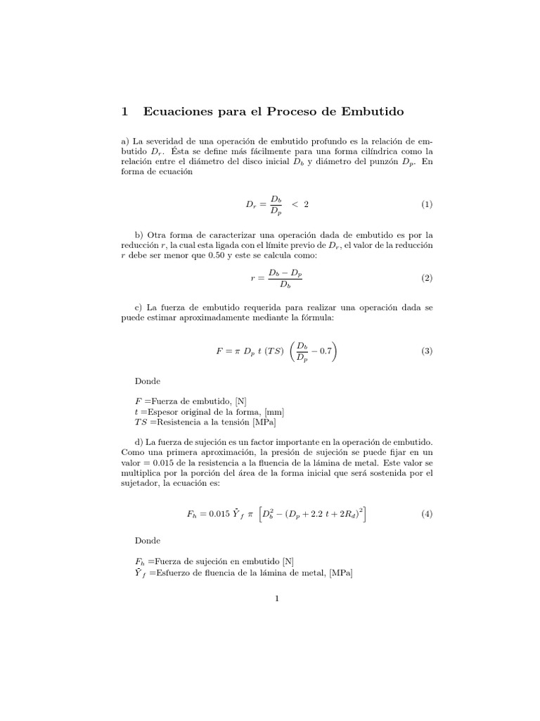 Ecuaciones Clave para Embutido Profundo | PDF