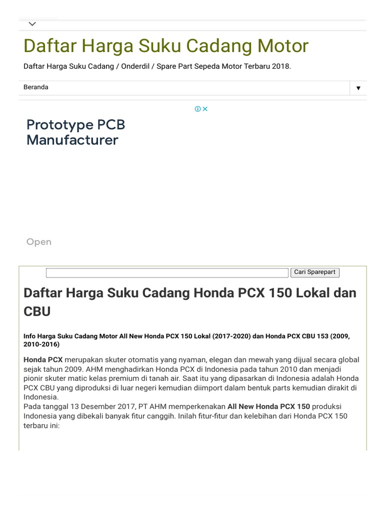 Daftar Harga Suku Cadang Honda PCX 150 Lokal Dan CBU | PDF