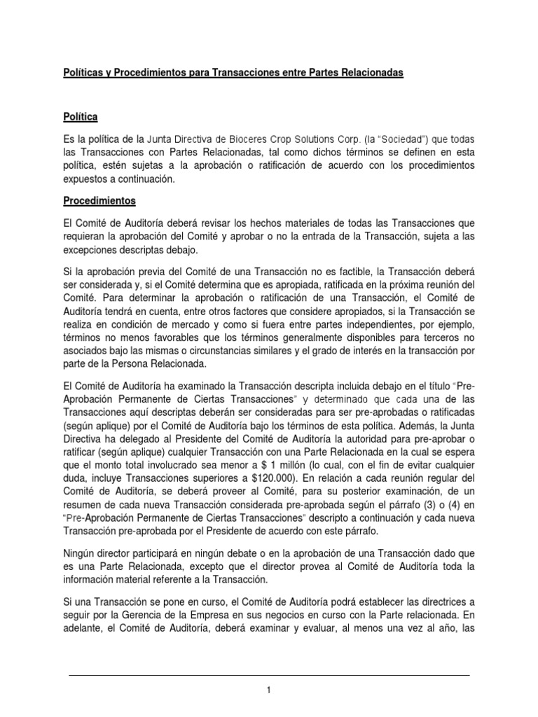 Políticas y Procedimientos para Transacciones Entre Partes Relacionadas ...