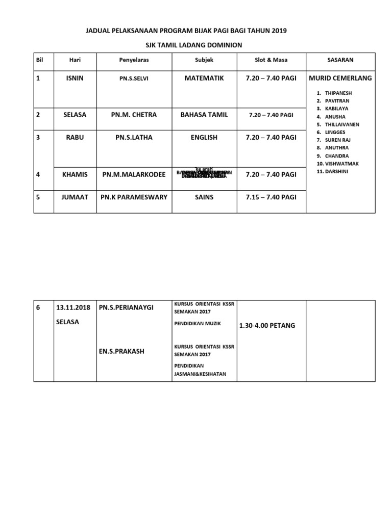 Jadual Pelaksanaan Program Bacaan Pagi 2023 | PDF