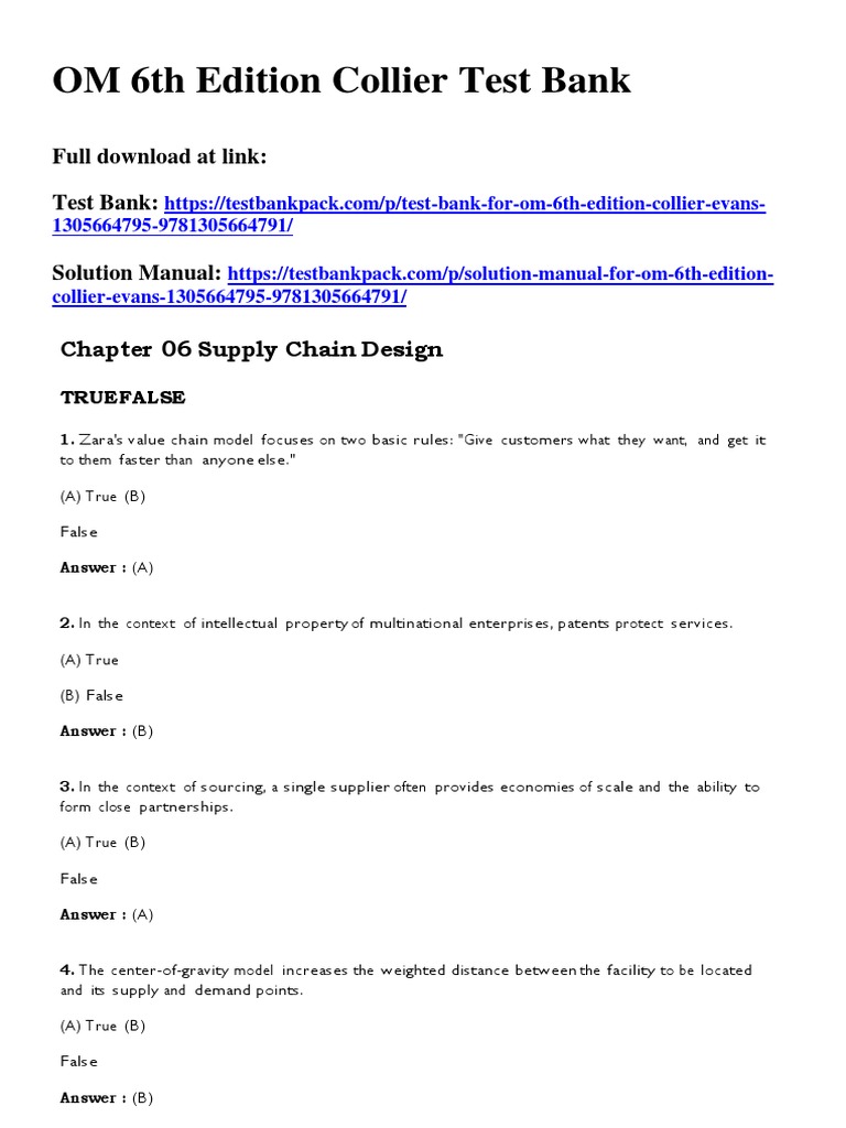 OM 6th Edition Collier Test Bank 1 | PDF | Supply Chain | Outsourcing