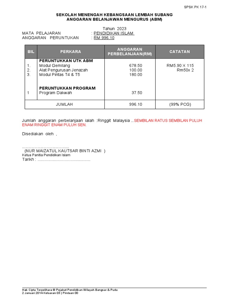 BORANG ANGGARAN BELANJAWAN MENGURUS 2023 | PDF