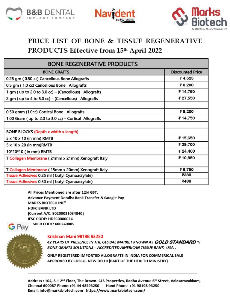 Bone & Tissue Regenerative Products Price List | PDF | Bone | Clinical ...