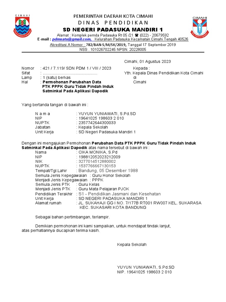 Contoh Surat Ajuan Perubahan Data PTK PPPK - 2023 (Tidak Pindah Induk Satminkal) | PDF