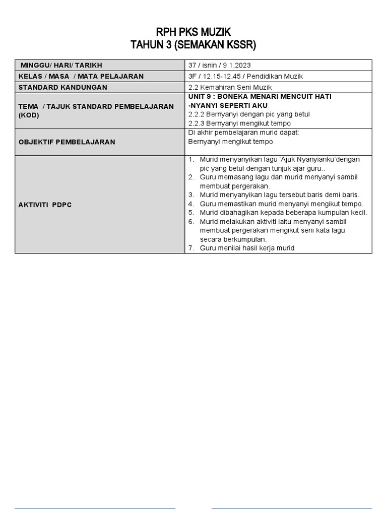 RPH PKS Muzik Tahun 3 Pak 21 | PDF