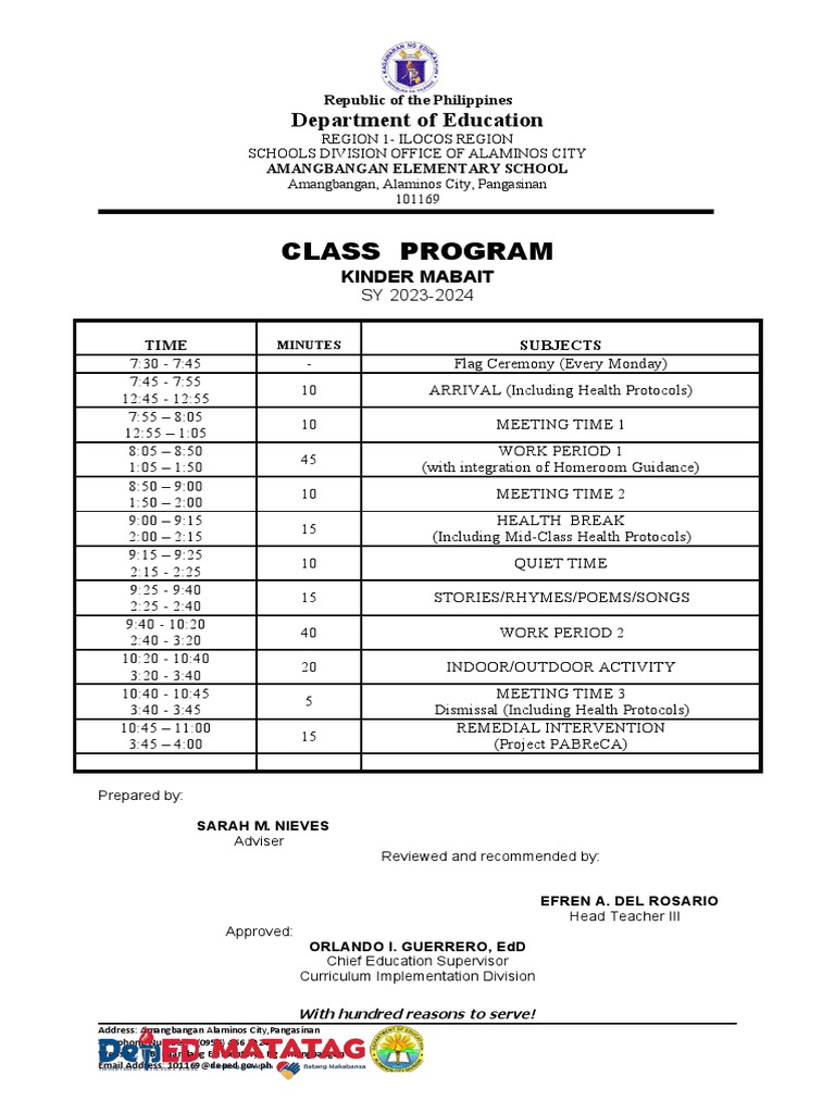 Kinder Class Program - Sy 2023-2024 | PDF