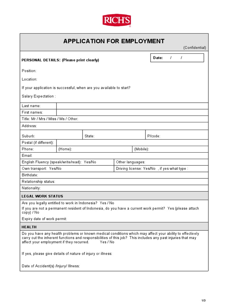 Employment Application Form Template | PDF