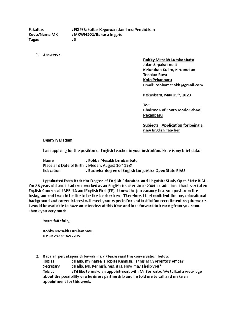 Application for English Teacher Position | PDF