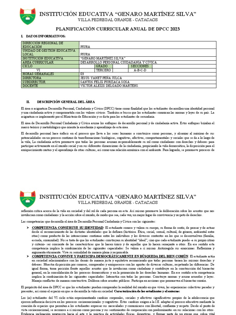 Planificación Curricular Anual de DPCC 2023 | PDF