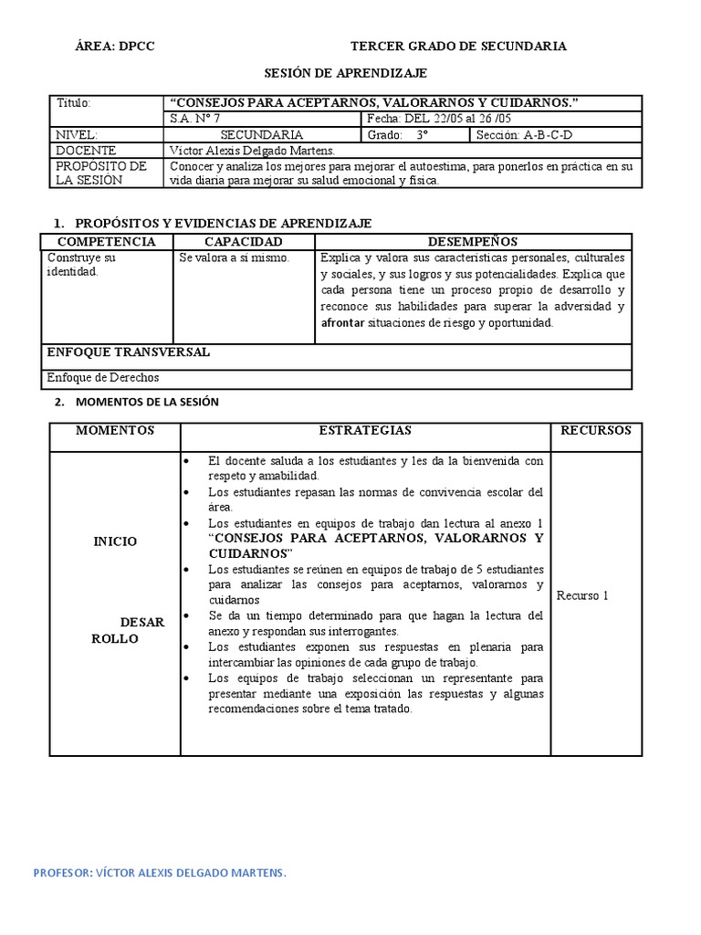 SESIÓN DE APRENDIZAJE 7 Unidad 1 DPCC 3 SEC. | PDF