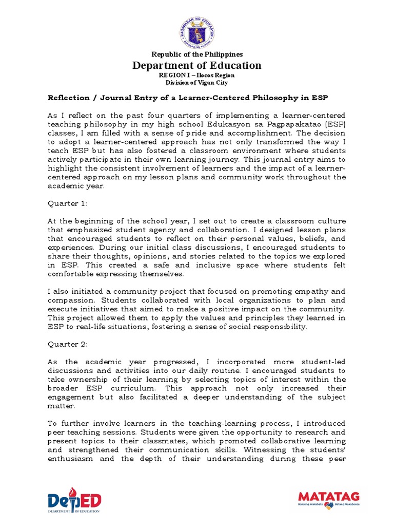 Reflection Journal Entry in ESP | PDF