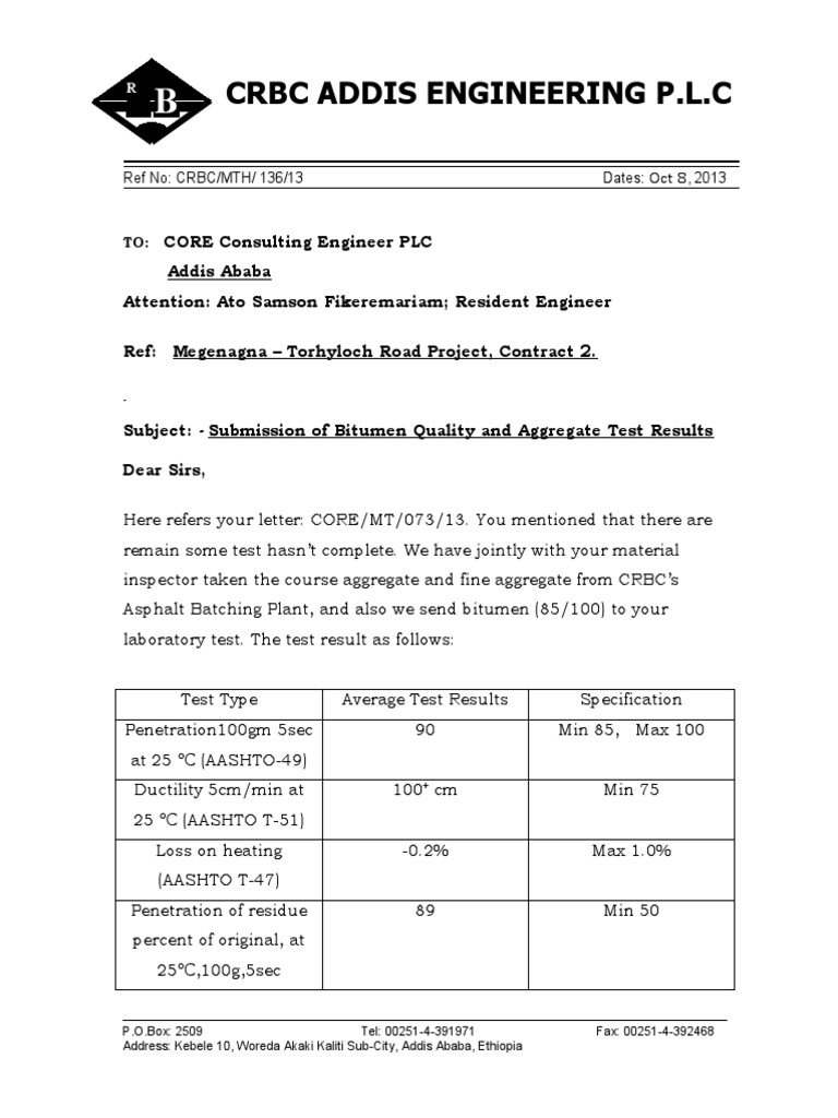 Submission of Bitumen Quality and Aggregate Test Results | PDF ...