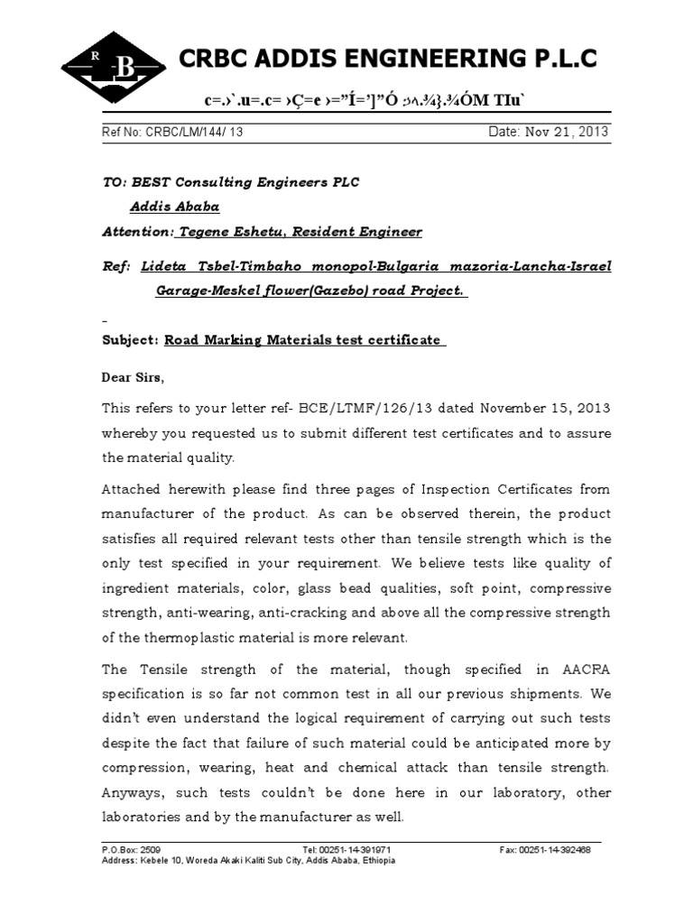 Road Marking Materials Test Certificate | PDF | Materials | Engineering
