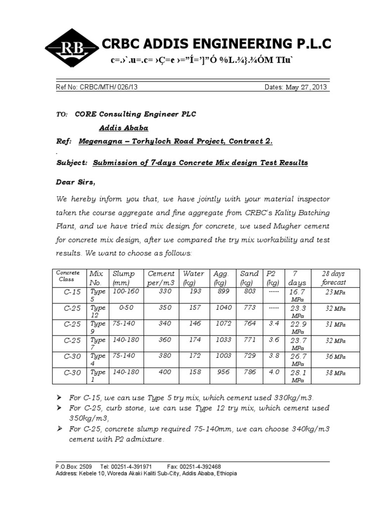 Submission of 7-Days Concrete Mix Design Test Results | PDF | Concrete ...