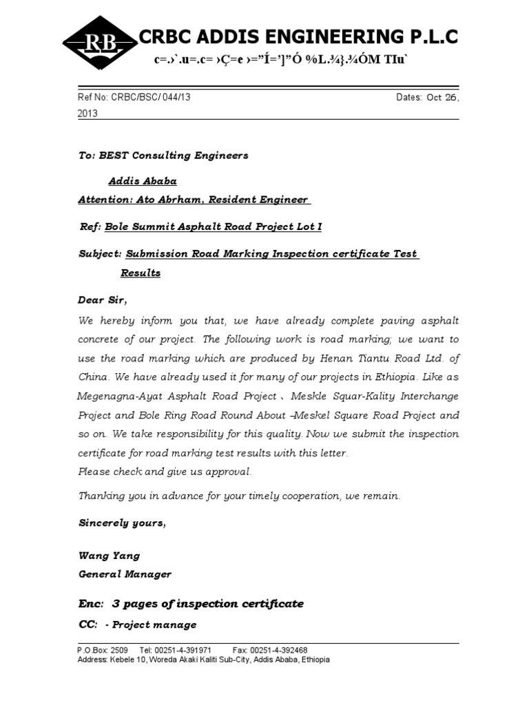 Submission Road Marking Inspection Certificate Test | PDF