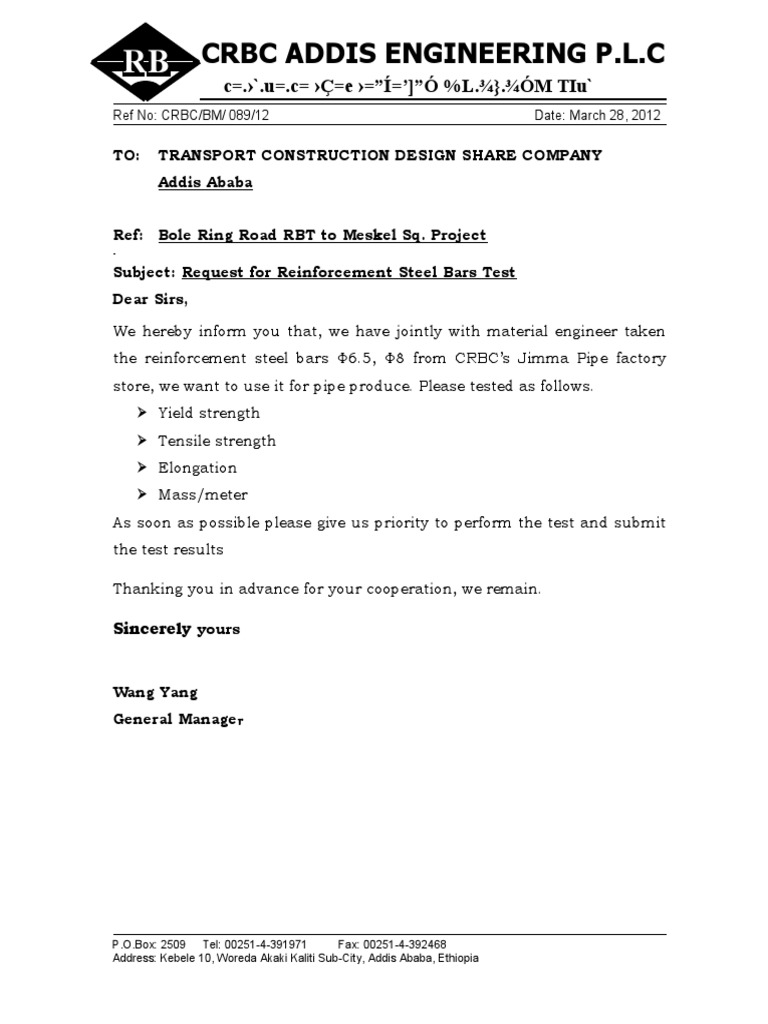 Request For Reinforcement Steel Bars Test | PDF | Computers ...