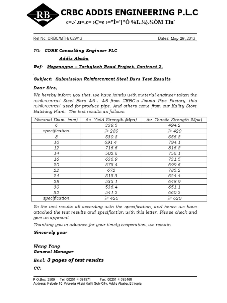 Submission Reinforcement Steel Bars Test Results | PDF