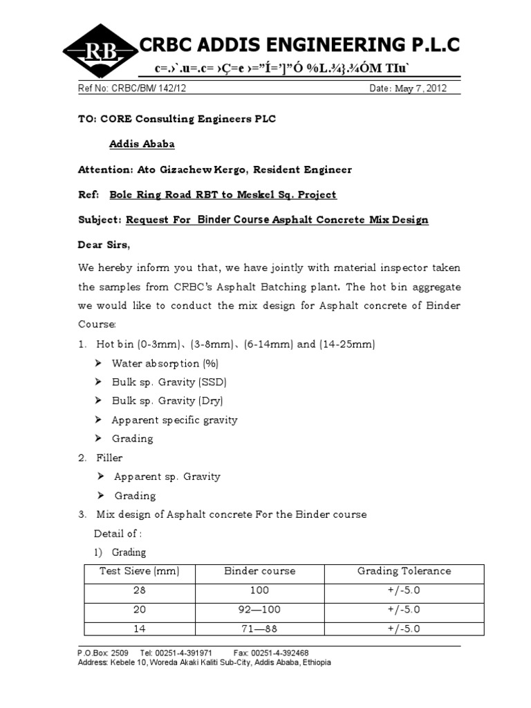 Request For Binder Course Asphalt Concrete Mix Design | PDF | Concrete | Civil Engineering